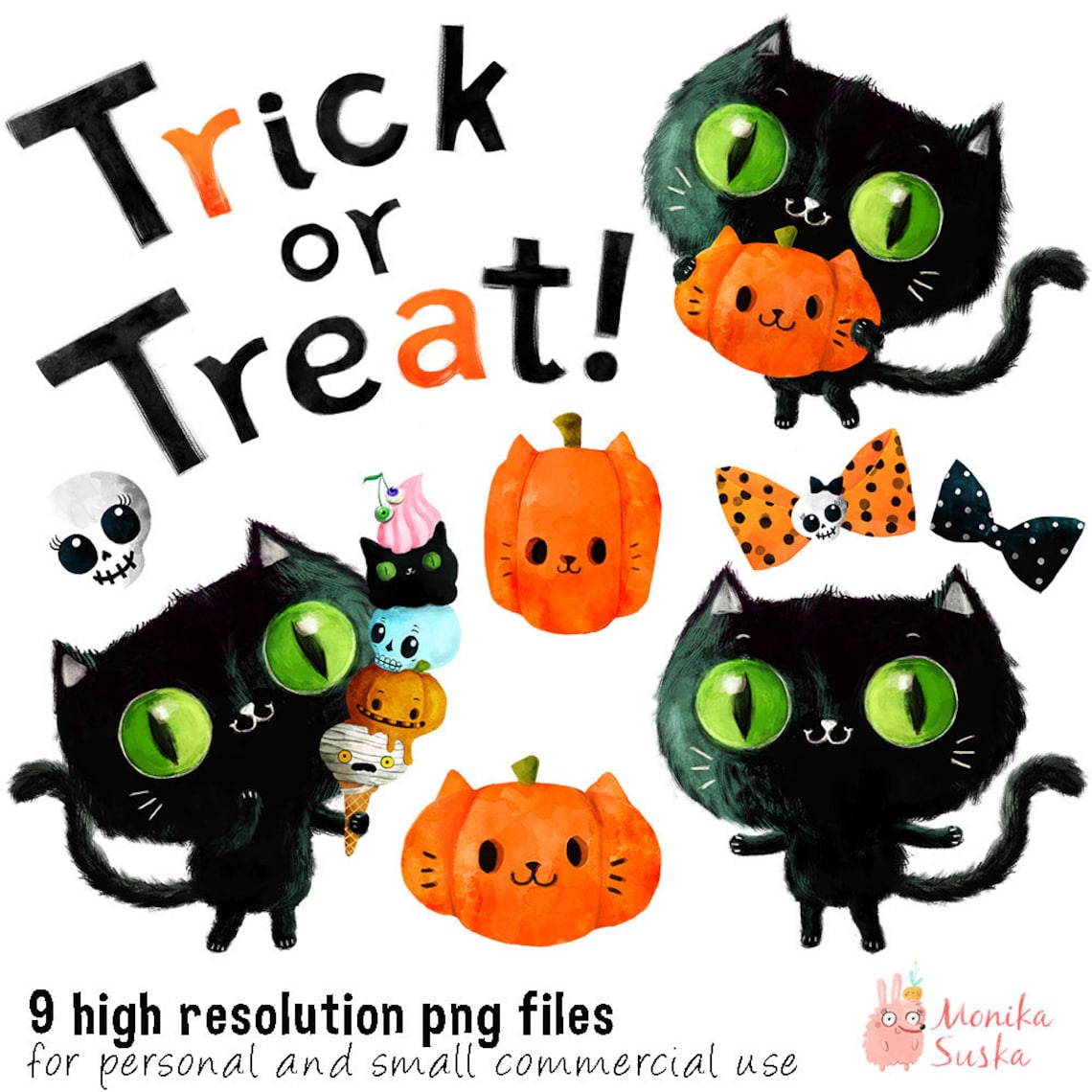 Halloween Clipart Cute, Black Cat With Pumpkin Digital Clip Art ...