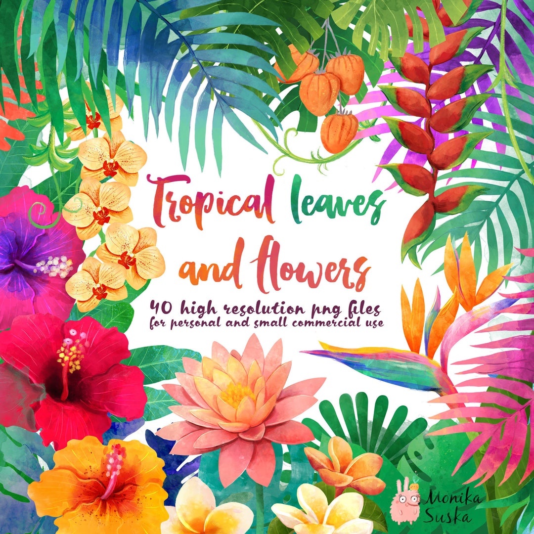 Tropical Leaves and Flowers Clipart, Watercolor Summer Clipart, Palm ...