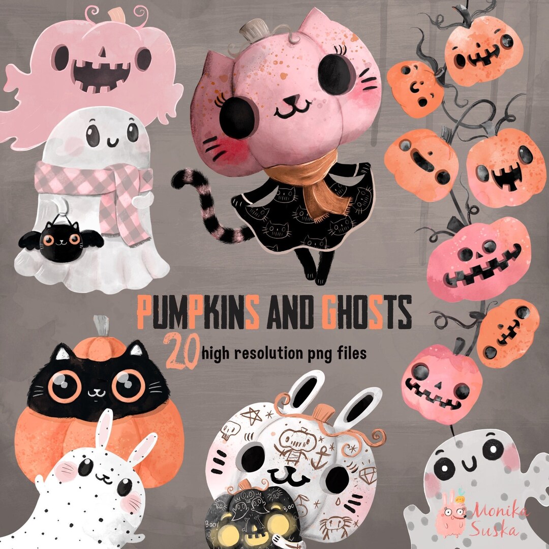 Halloween Pumpkin and Ghosts Clipart - Etsy