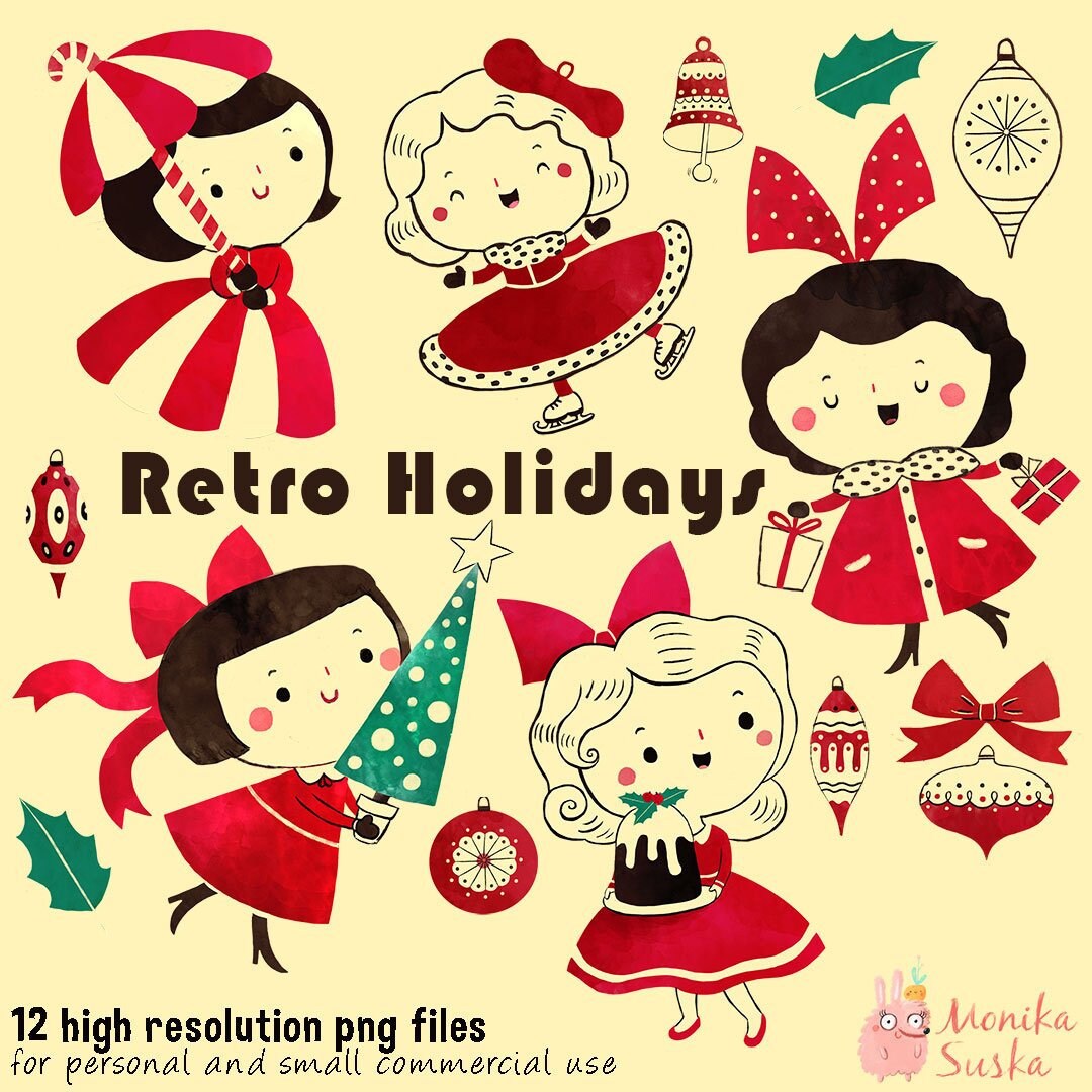 Christmas Clipart, Retro Christmas Clipart for Commercial Use, Holidays ...