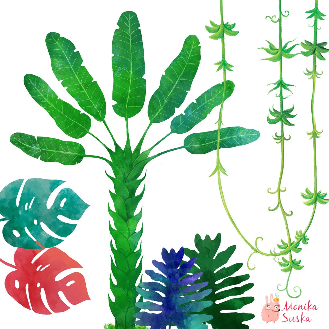 Tropical Leaves and Flowers Clipart Watercolor Summer - Etsy