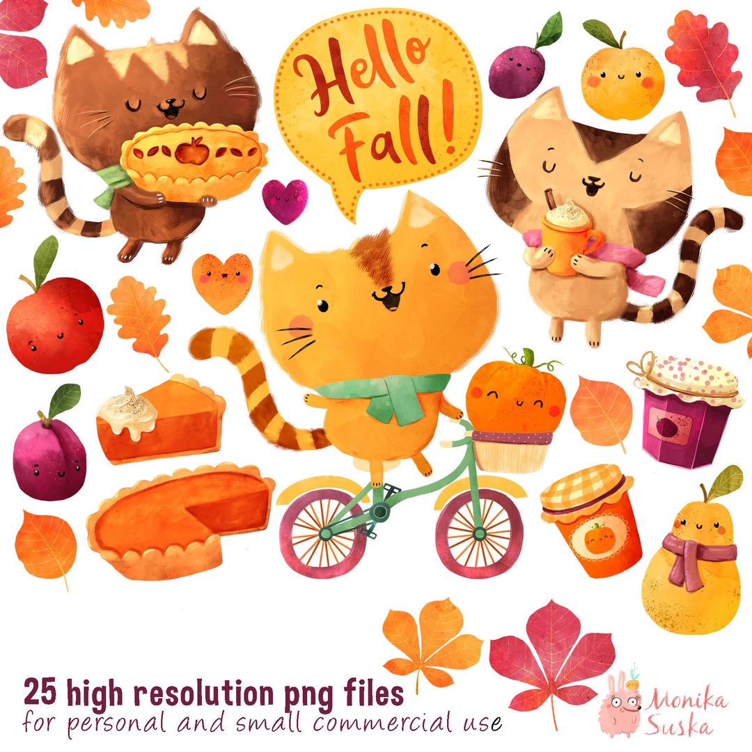 Fall Cats Clipart | Autumn Clipart | Cat Clipart | Watercolor Clipart ...