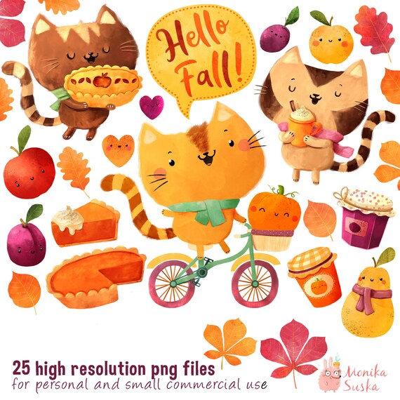 Fall Cats Clipart Autumn Clipart Cat Clipart Watercolor | Etsy Canada