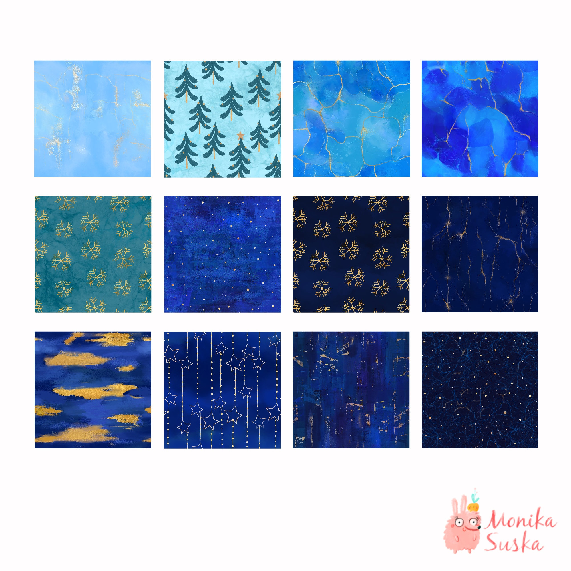 Blue and Gold Seamless Digital Paper, Festive Digital Paper, Christmas ...