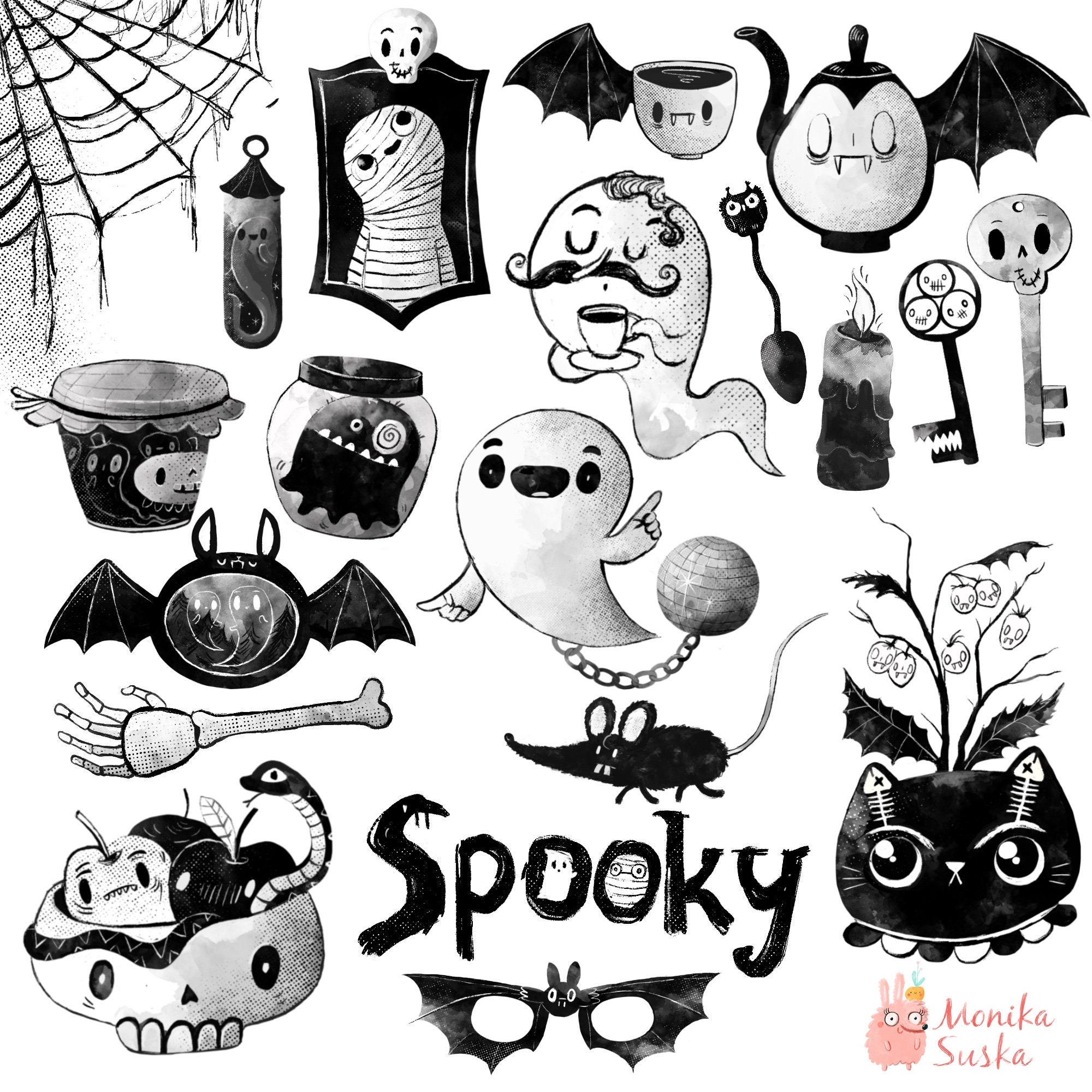 Black and White Halloween Clipart, Halloween Digital Download ...