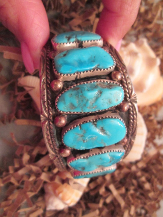 Large Native Turquoise Cuff>Navajo Handcrafted 925 St… - Gem