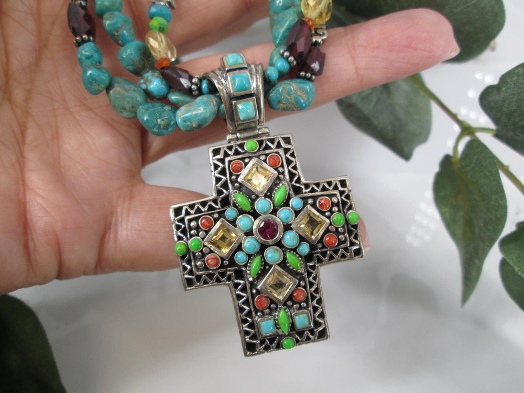 Genuine Turquoise Cross Necklace>sterling Turquoise Cross,multi Strand ...