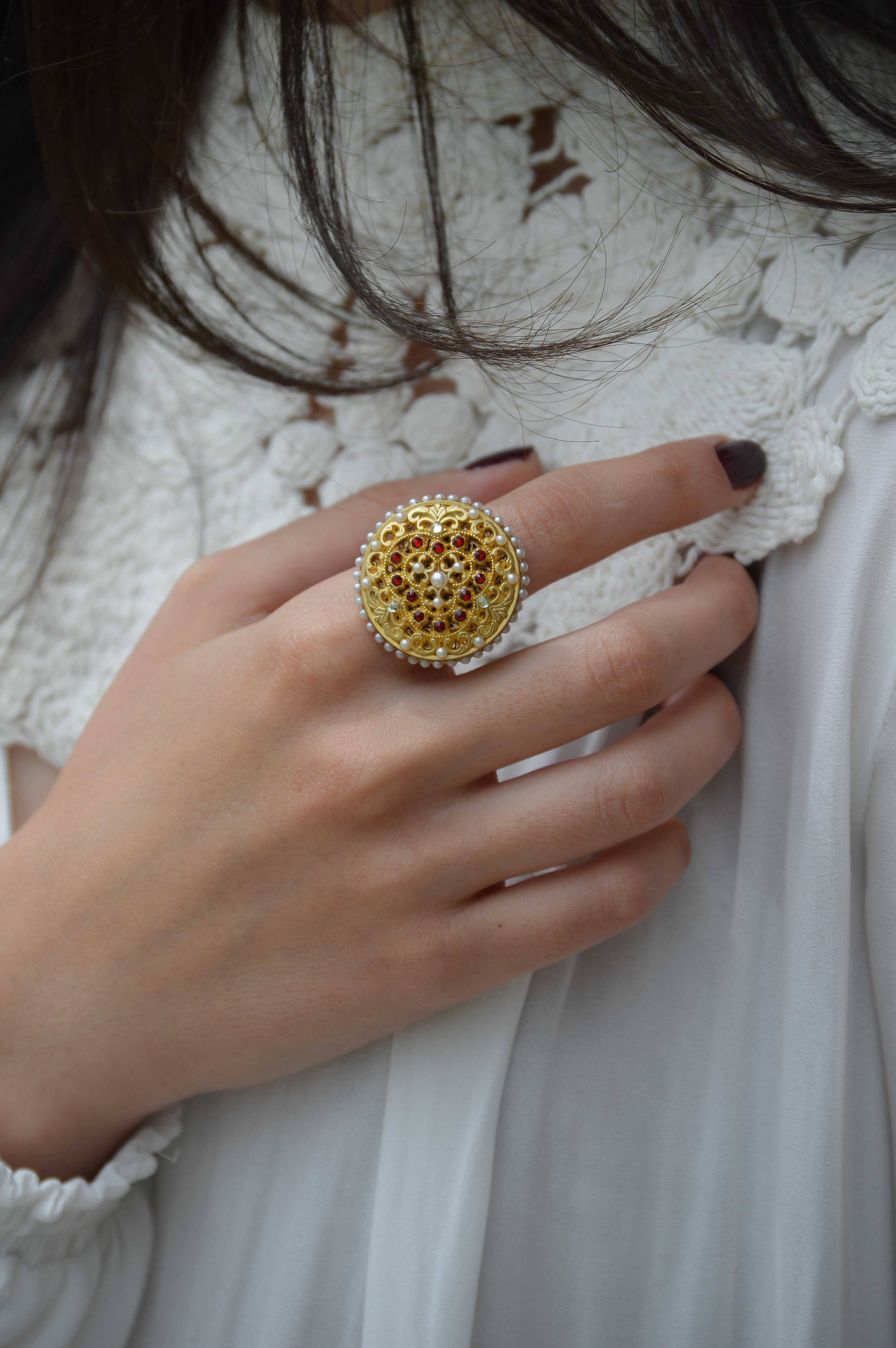 Regal 22K Gold Plated Filigree Statement Ring With Red Crystals and ...