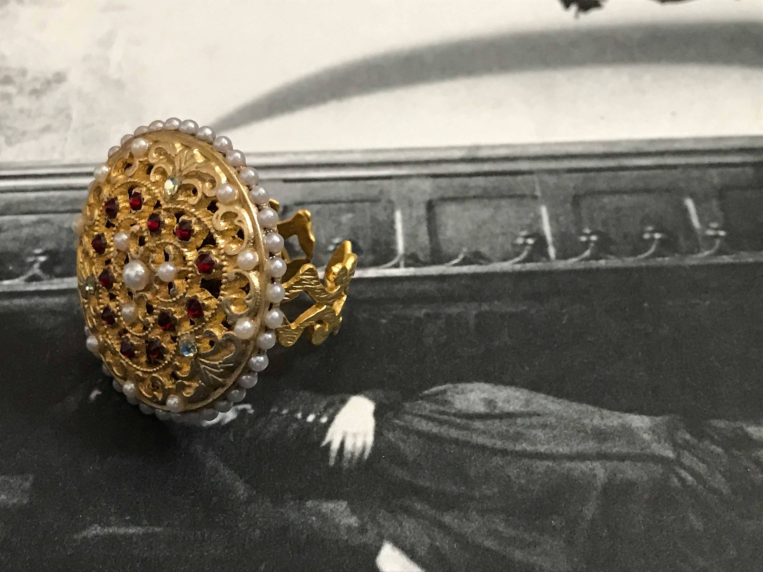 Regal 22K Gold Plated Filigree Statement Ring With Red Crystals and ...