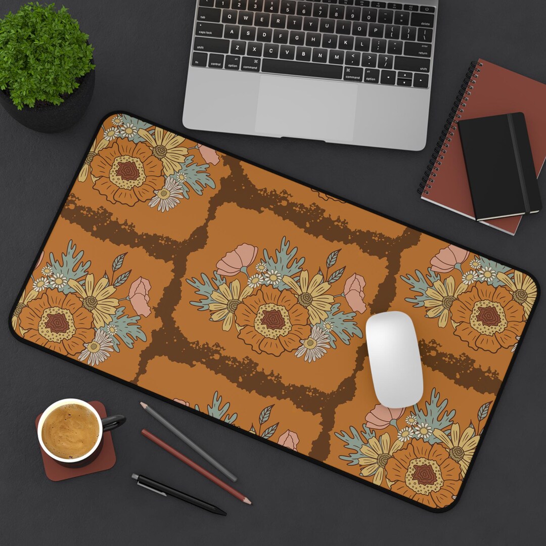 Floral Desk Mat, Tan and Brown Office Decor, Pink Flower Mouse Pad ...