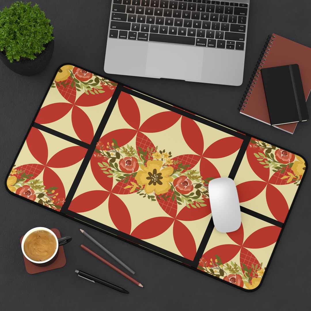 Desk Mat, Rust Colored Geometric Floral Pattern, Keyboard Pad, Office ...