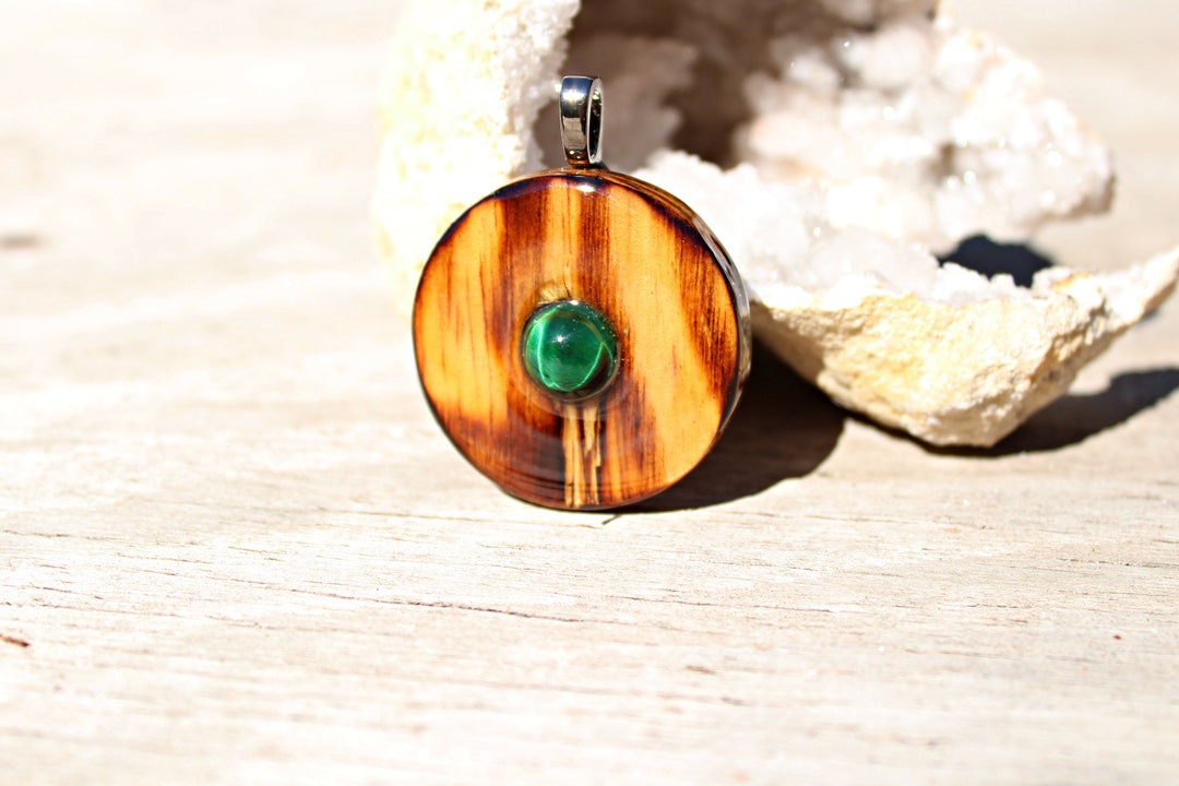 Wood Pendant W/ a Green Tiger Eye Stone - Etsy