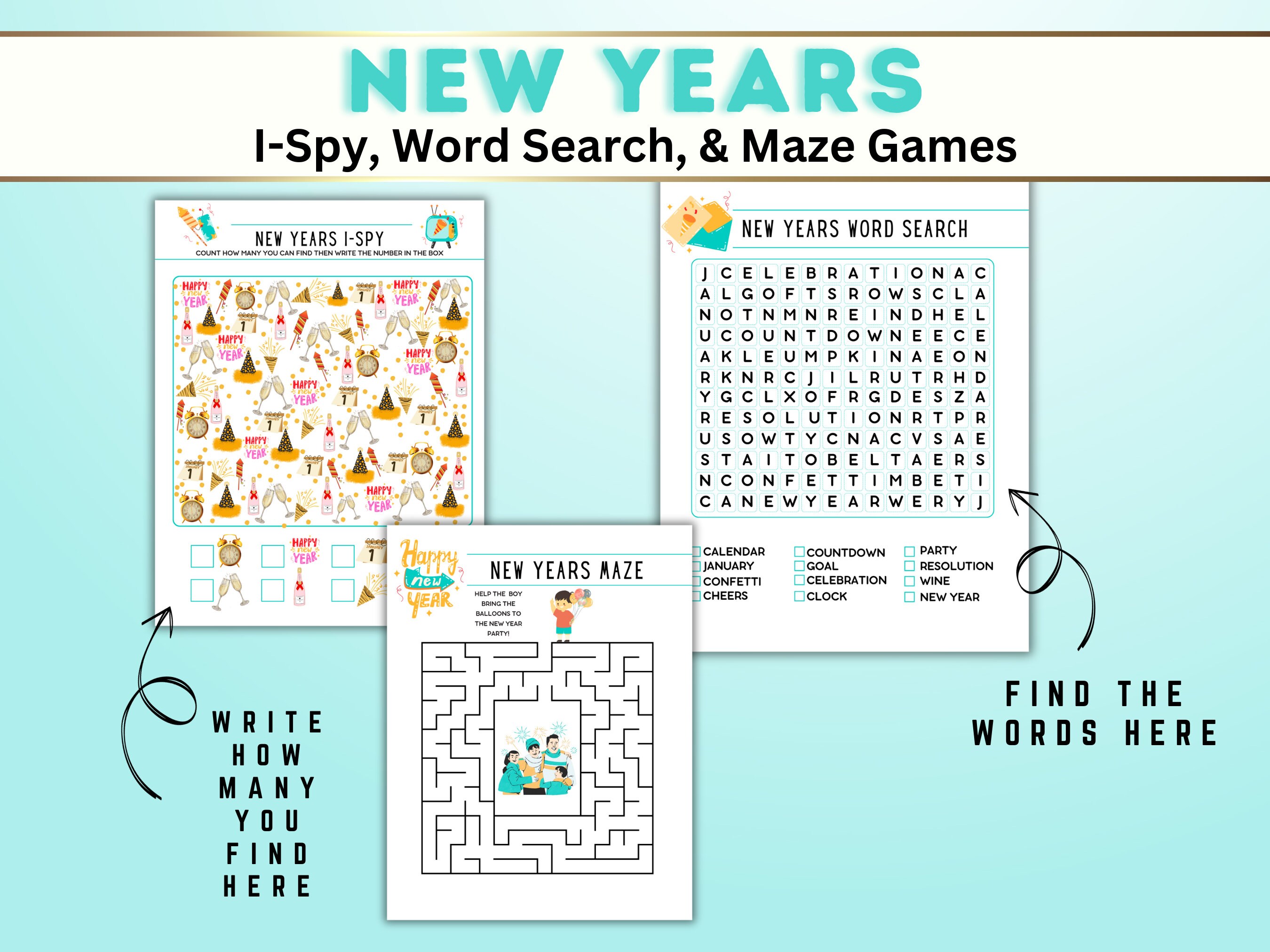 New Years Maze I-spy Word Search Instant Download DIY - Etsy