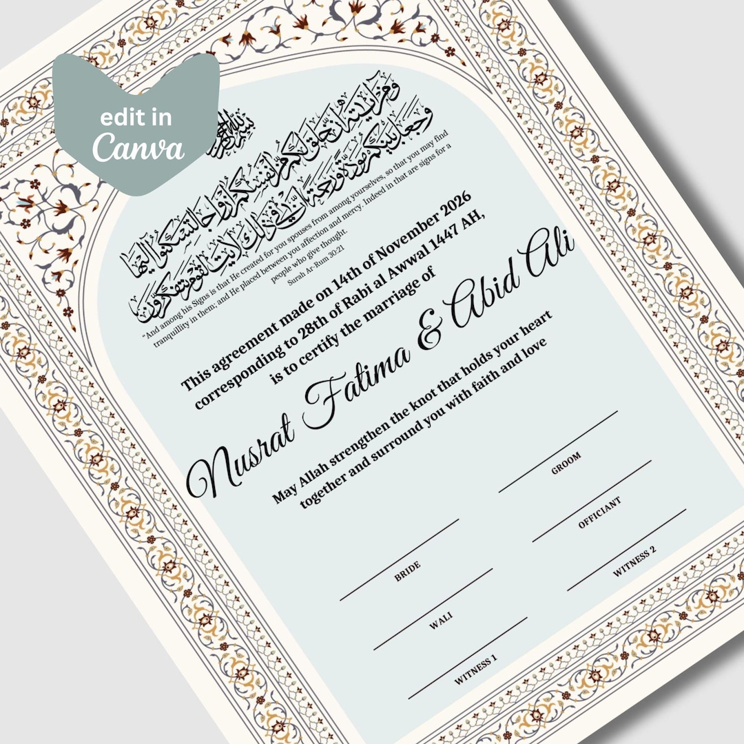 Nikkah Certificate Canva Template Digital Download Floral Nikah Nama ...