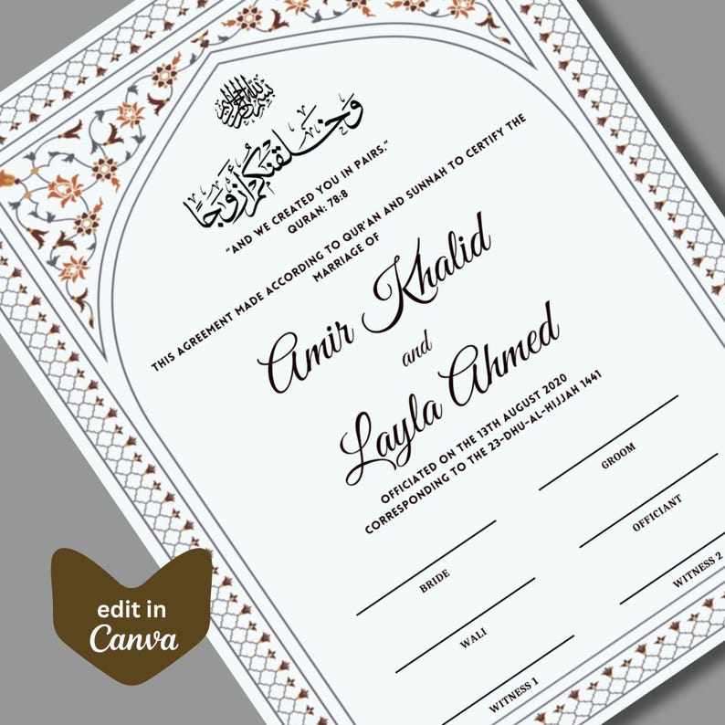 Nikkah Certificate Canva Template Digital Download Floral Nikah Nama ...
