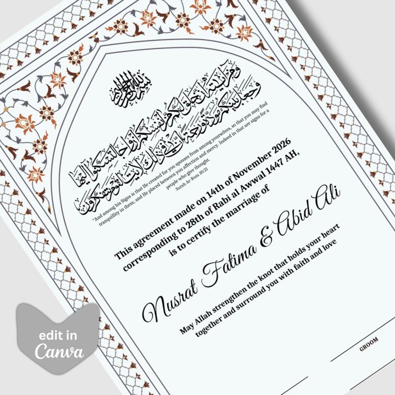 Nikkah Certificate Canva Template Digital Download Floral Nikah Nama ...