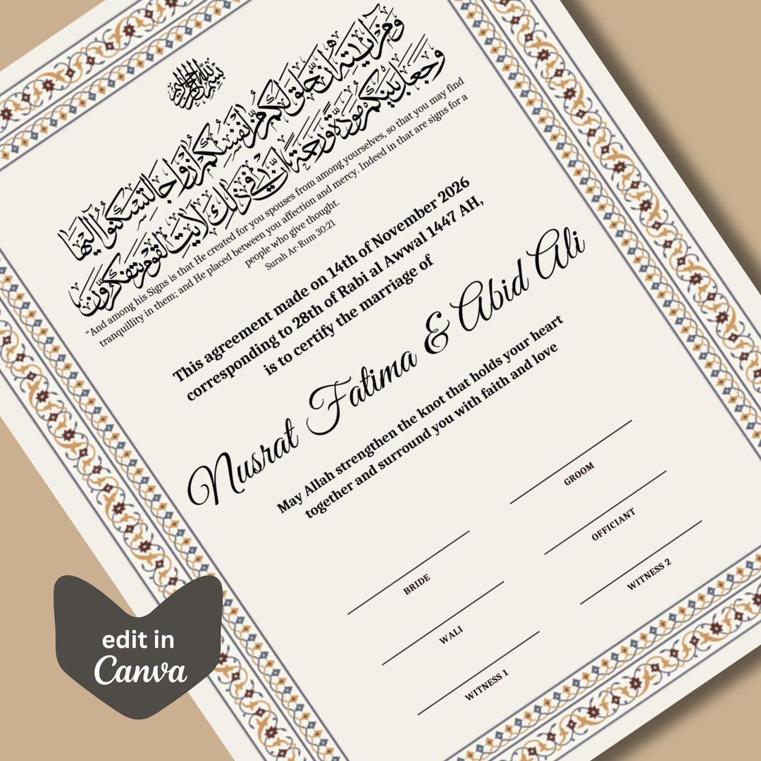 Nikkah Certificate Canva Template Digital Download Floral Nikah Nama ...