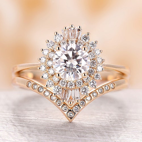 Vintage Moissanite Engagement Ring Set Rose Gold Round Shaped | Etsy