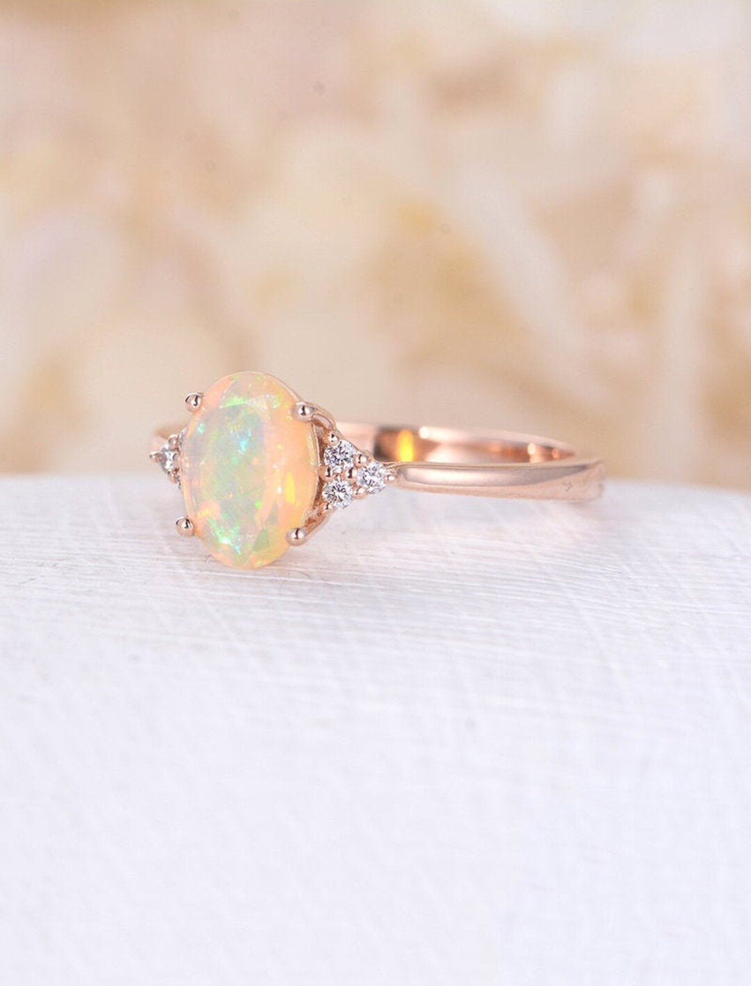 Faceted Opal Engagement Ring Rose Gold Diamond Cluster Ring Prong ...