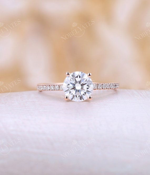 Classic Round Moissanite Engagement Ring Vintage Rose Gold | Etsy
