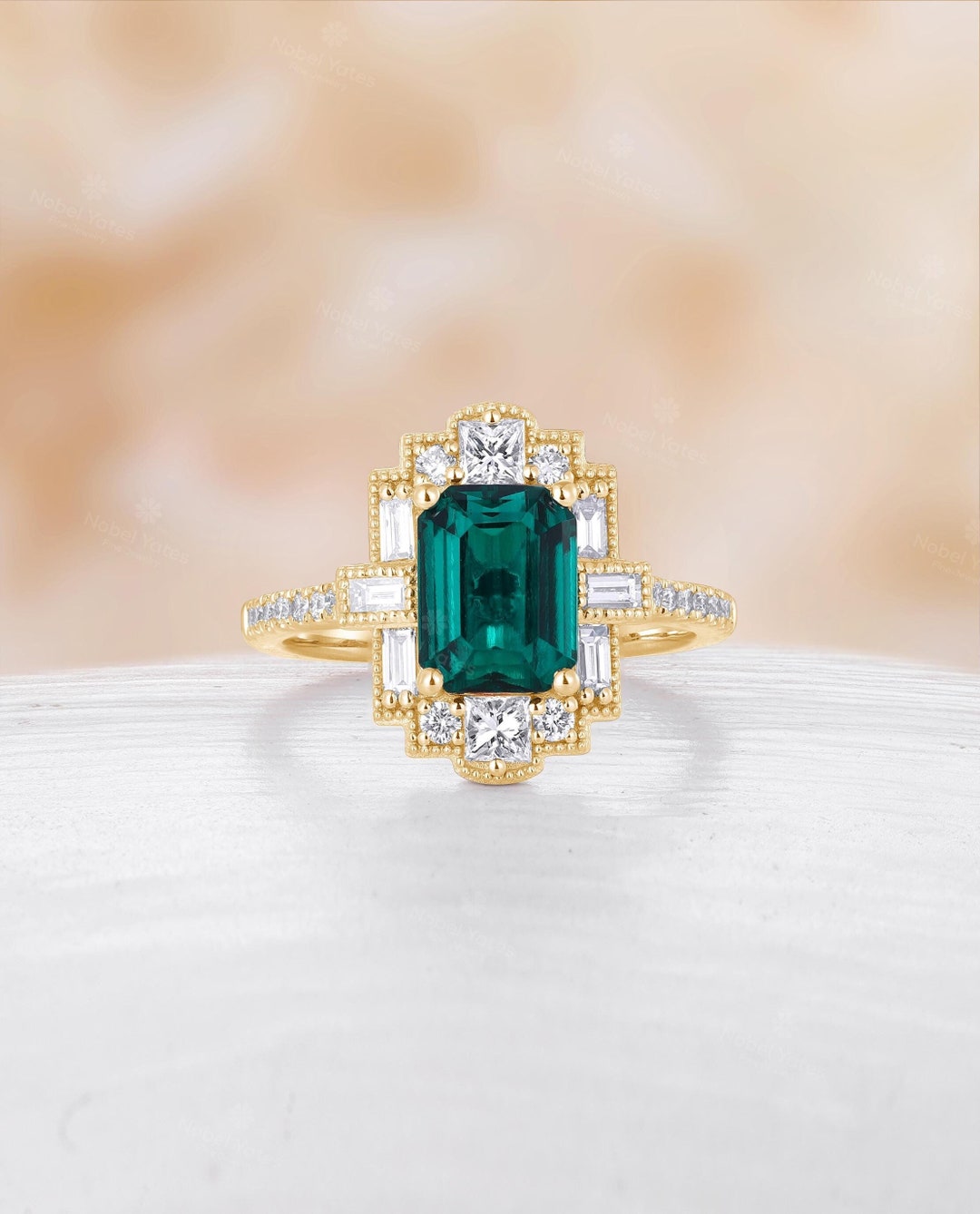 Art Deco Emerald Engagement Ring, Diamond Halo Wedding Ring, 18K Gold ...
