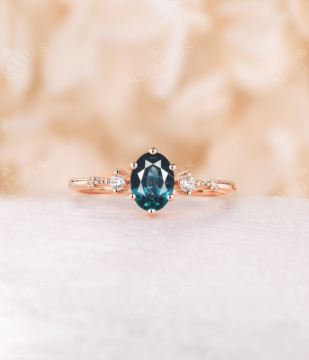 Oval Blue Green Sapphire Engagement Ring With Diamond | Gold Teal Sapphire Wedding Ring ...