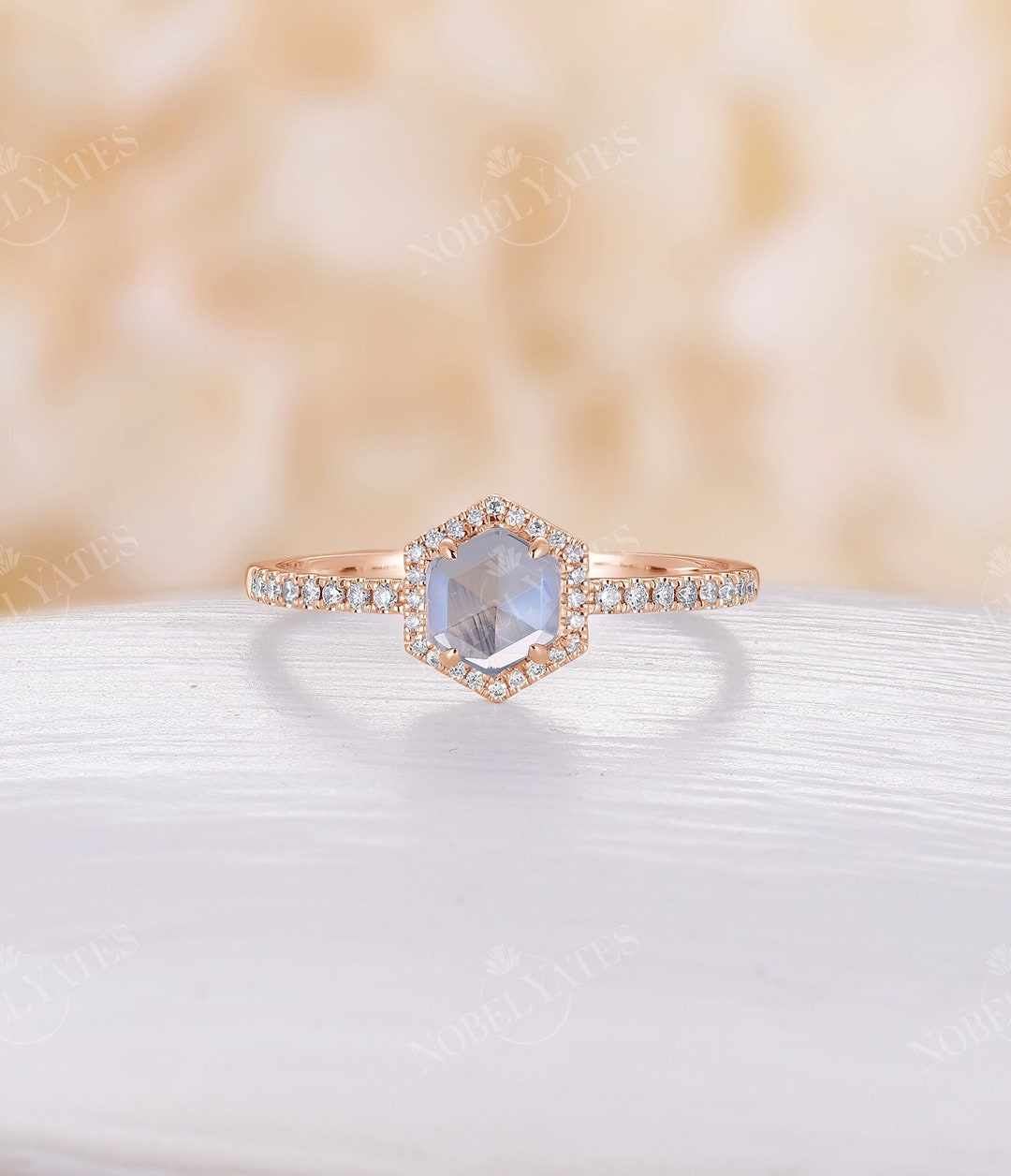 Hexagon Moonstone Engagement Ring, Diamond Halo, Rose Gold, Unique Half ...
