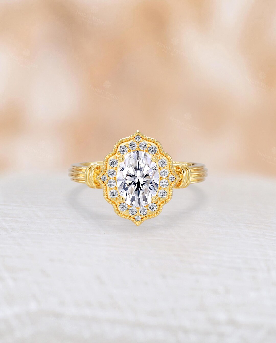 Vintage Oval Moissanite Engagement Ring, Antique Floral Halo Wedding ...