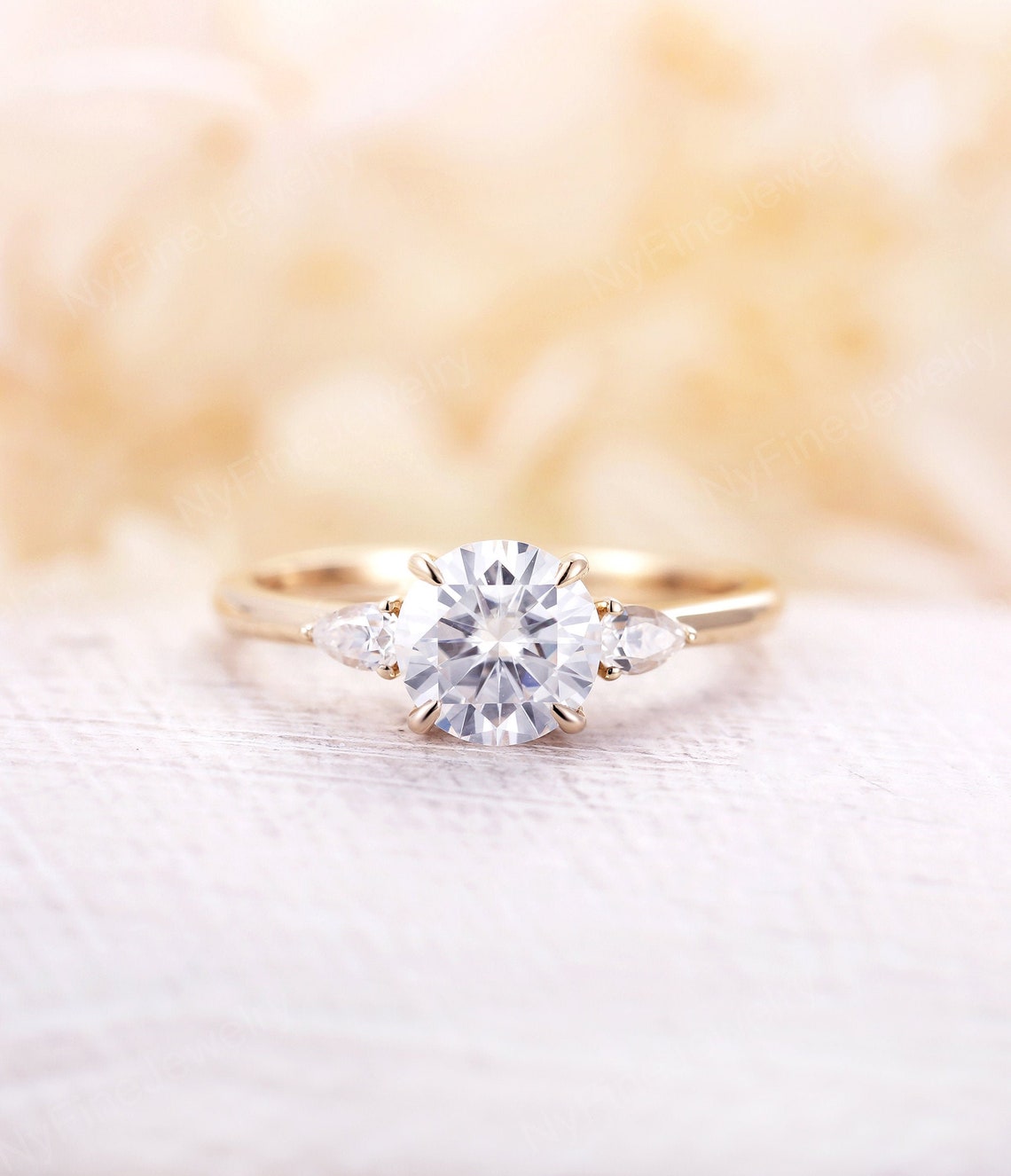 Round Cut Moissanite Engagement Ring Vintage Ring Yellow Gold | Etsy