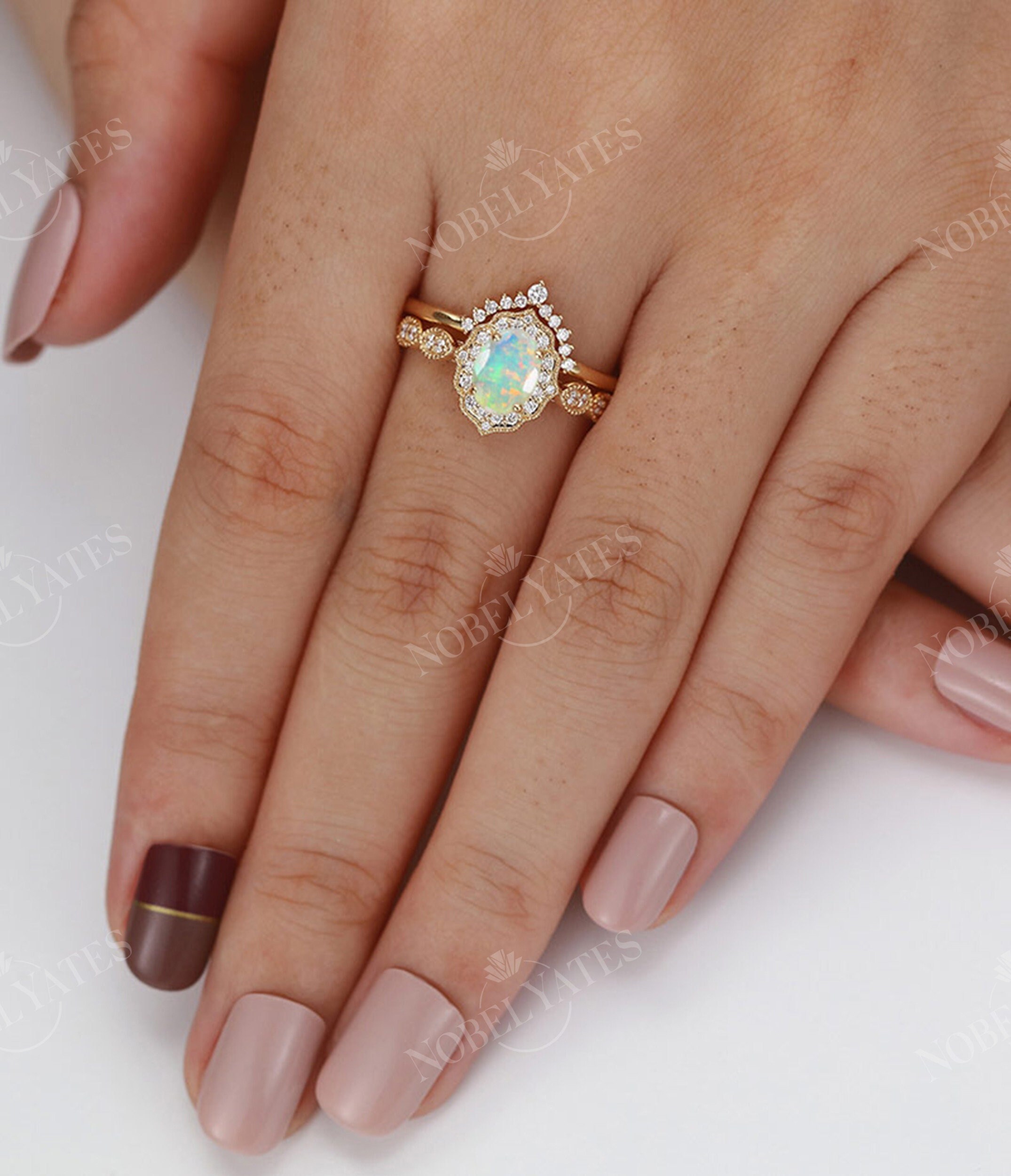 Faceted Opal Engagement Ring Yellow Gold Diamond Halo Ring - Etsy