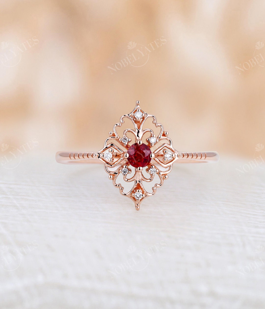 Art Deco Natural Ruby Engagement Ring, Vintage Unique Rose Gold Band ...