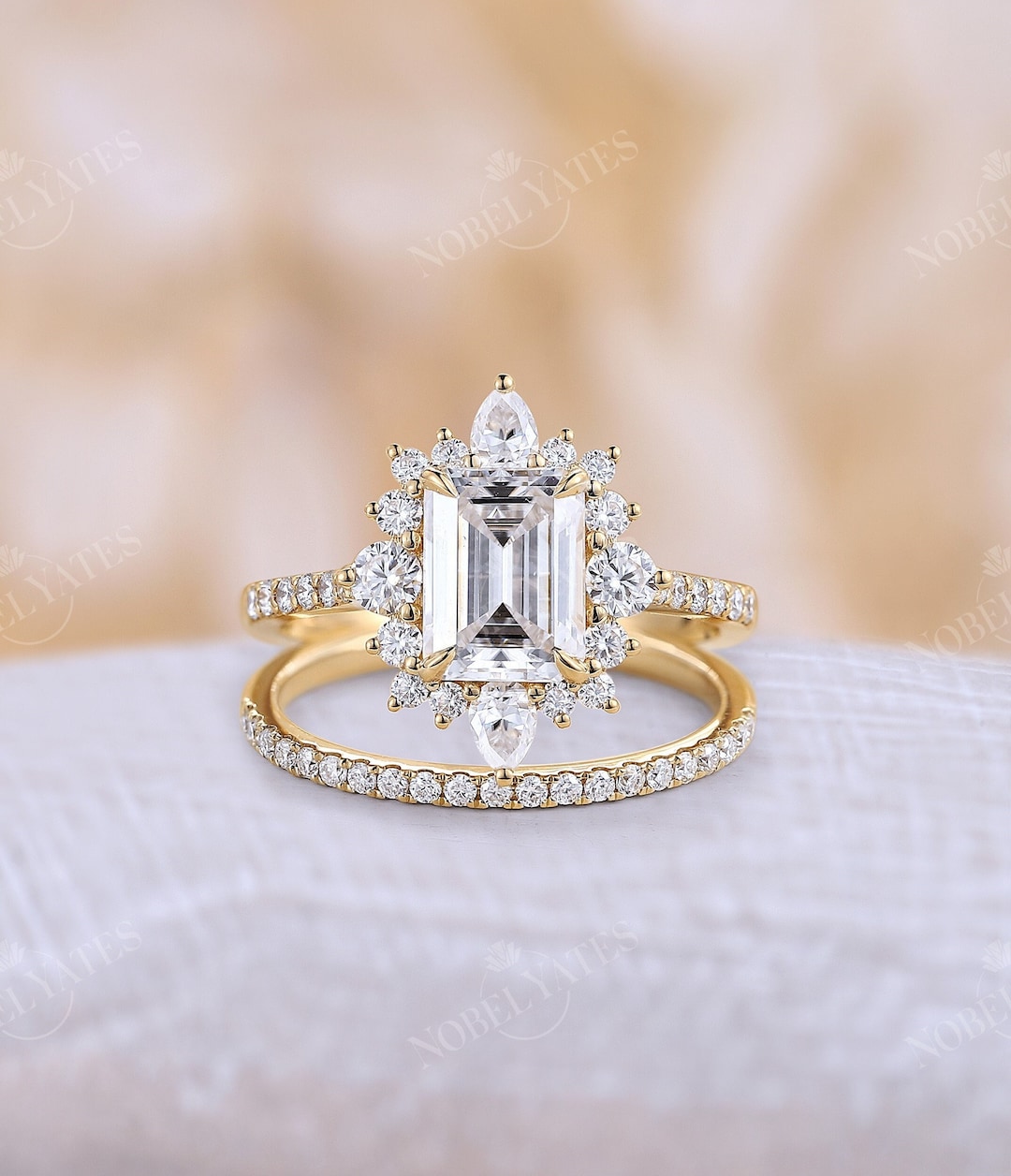 Unique Emerald Cut Moissanite Engagement Ring Set, 14K Gold Halo Ring ...