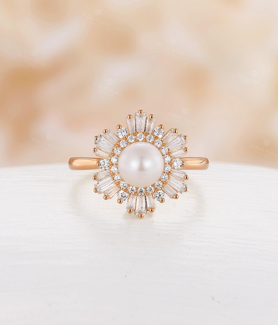 Art Deco Akoya Pearl Engagement Ring, Rose Gold Ring, Elegant Double ...