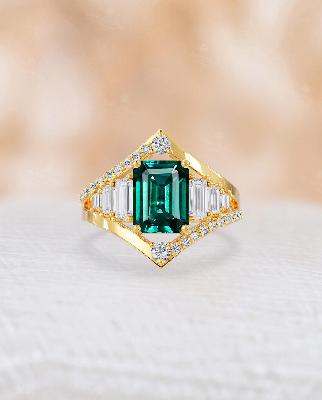 Art Deco Lab Emerald Engagement Ring, Irregular Symmetrical Lab Grown ...