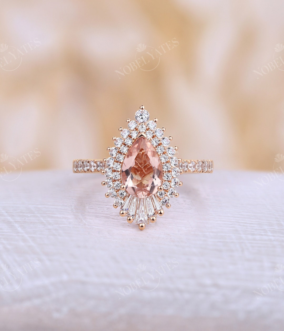 Pear Cut Morganite Engagement Ring Rose Gold Art Deco Baguette Diamond ...