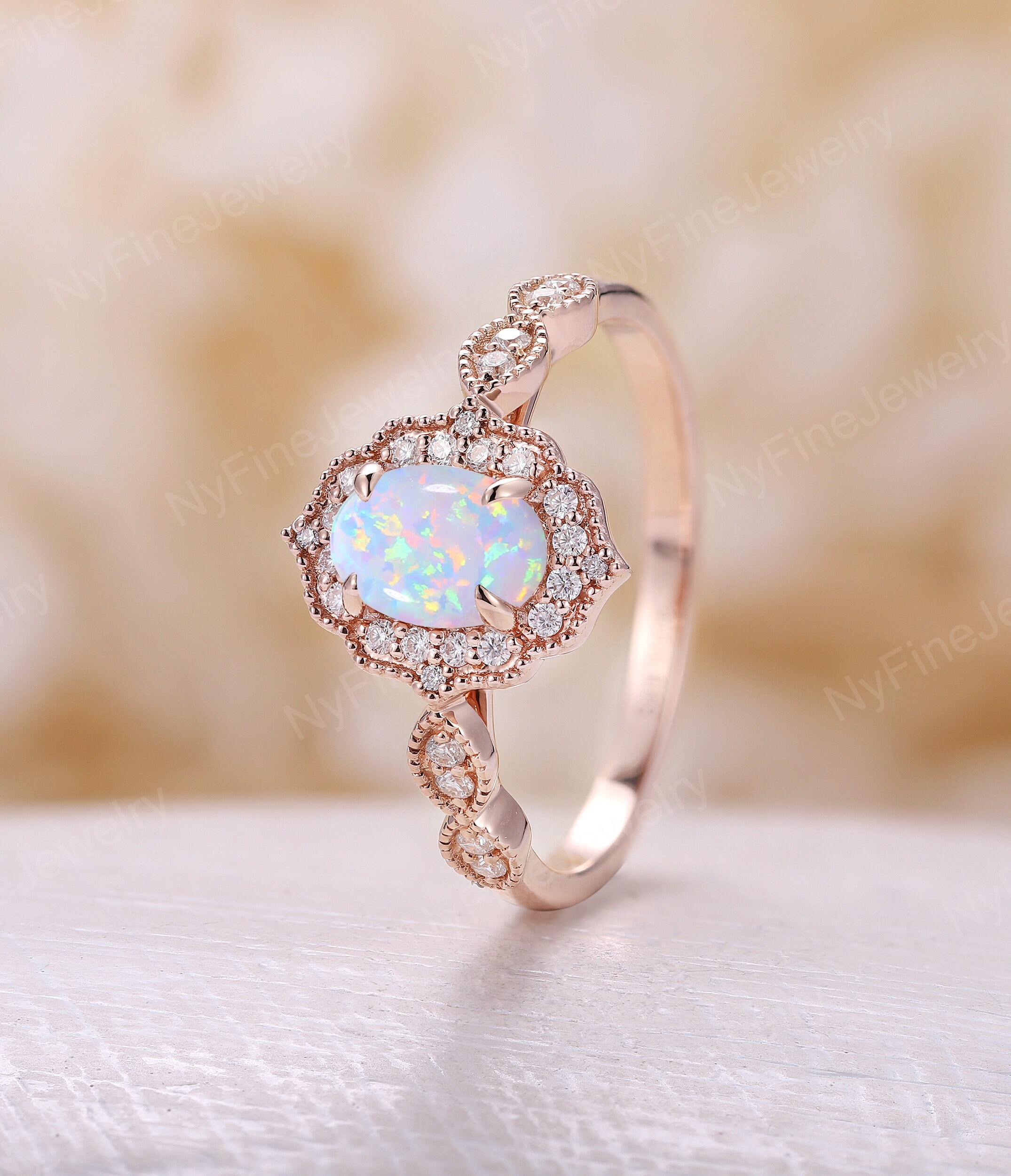 Oval Lab Opal Engagement Ring Rose Gold Vintage Milgrain | Etsy