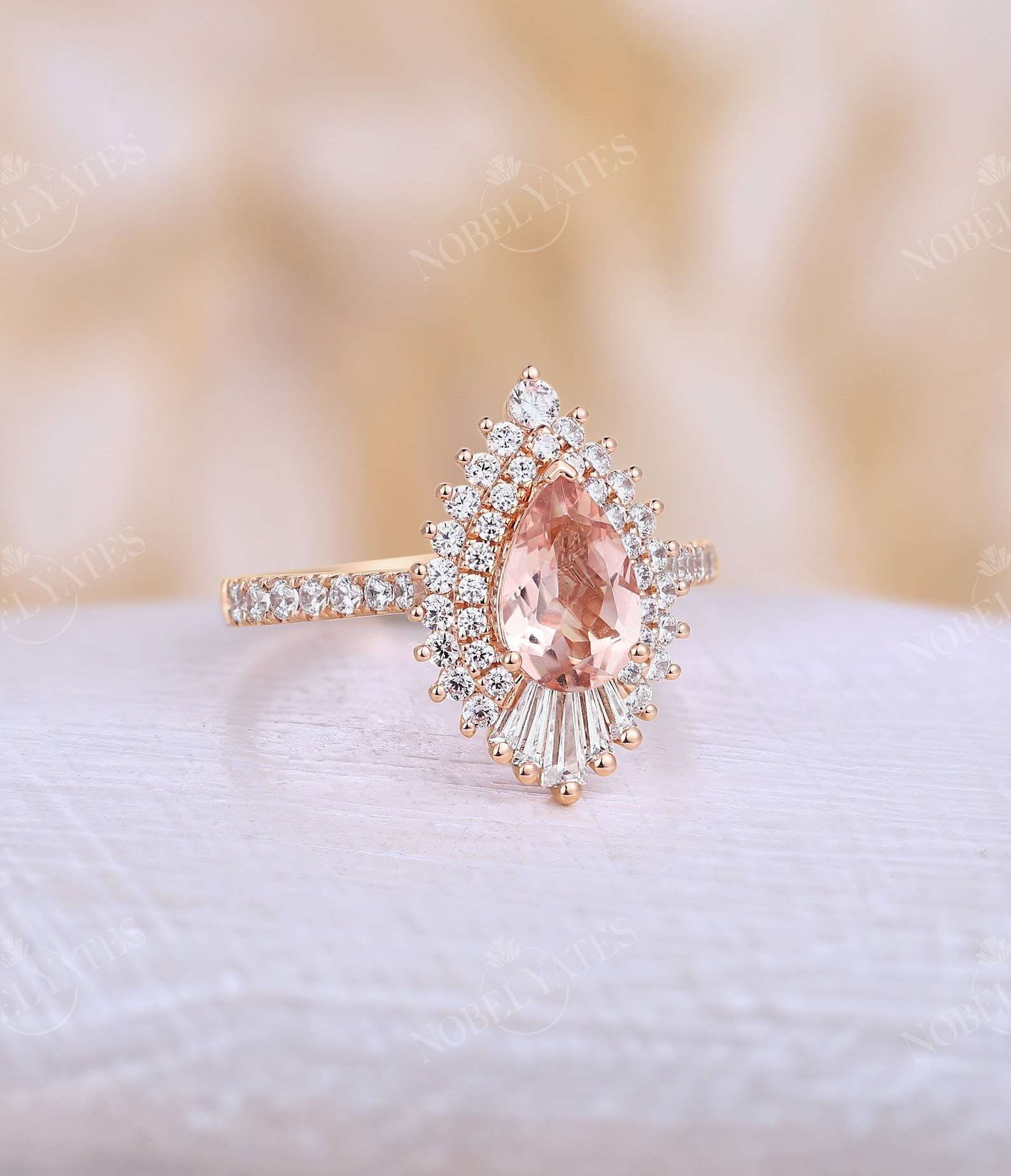 Pear Cut Morganite Engagement Ring Rose Gold Art Deco Baguette Diamond ...