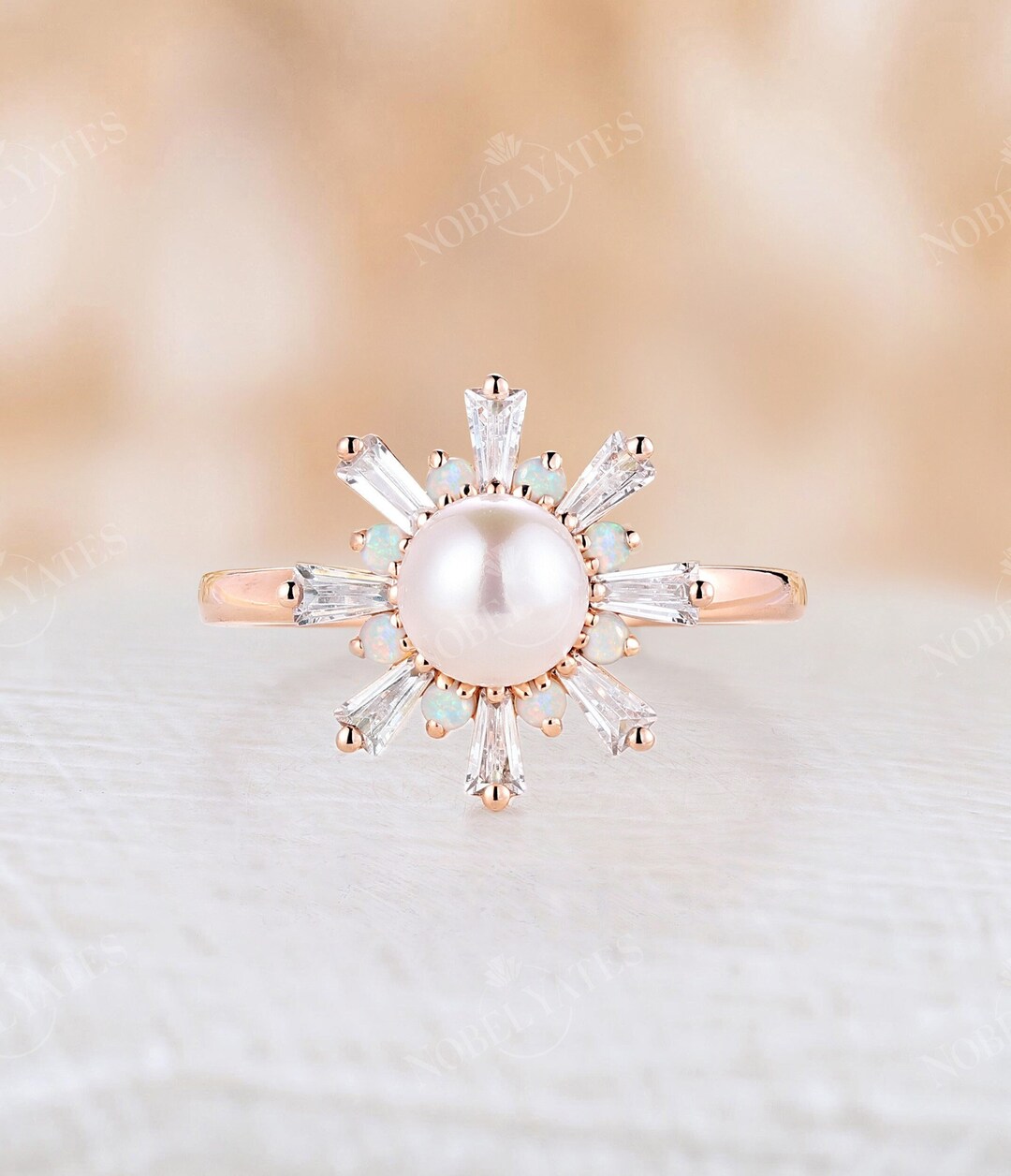 Art Deco Akoya Pearl Engagement Ring,rose Gold Gatsby Opal Halo ...
