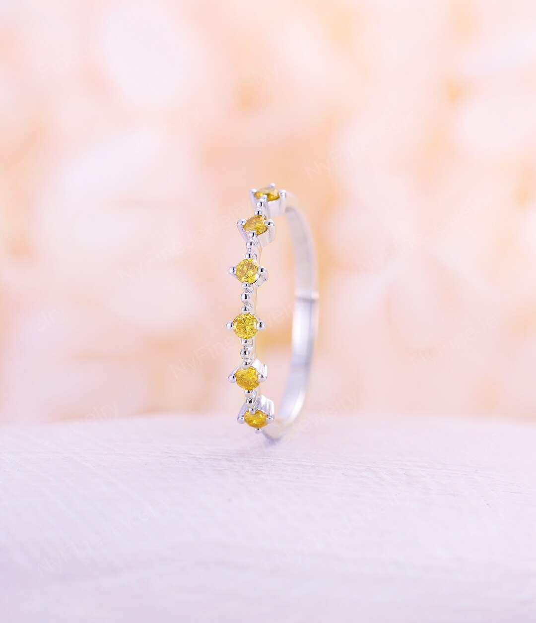 Delicate Yellow Diamond Straight Wedding Band Half Eternity Band Thin ...
