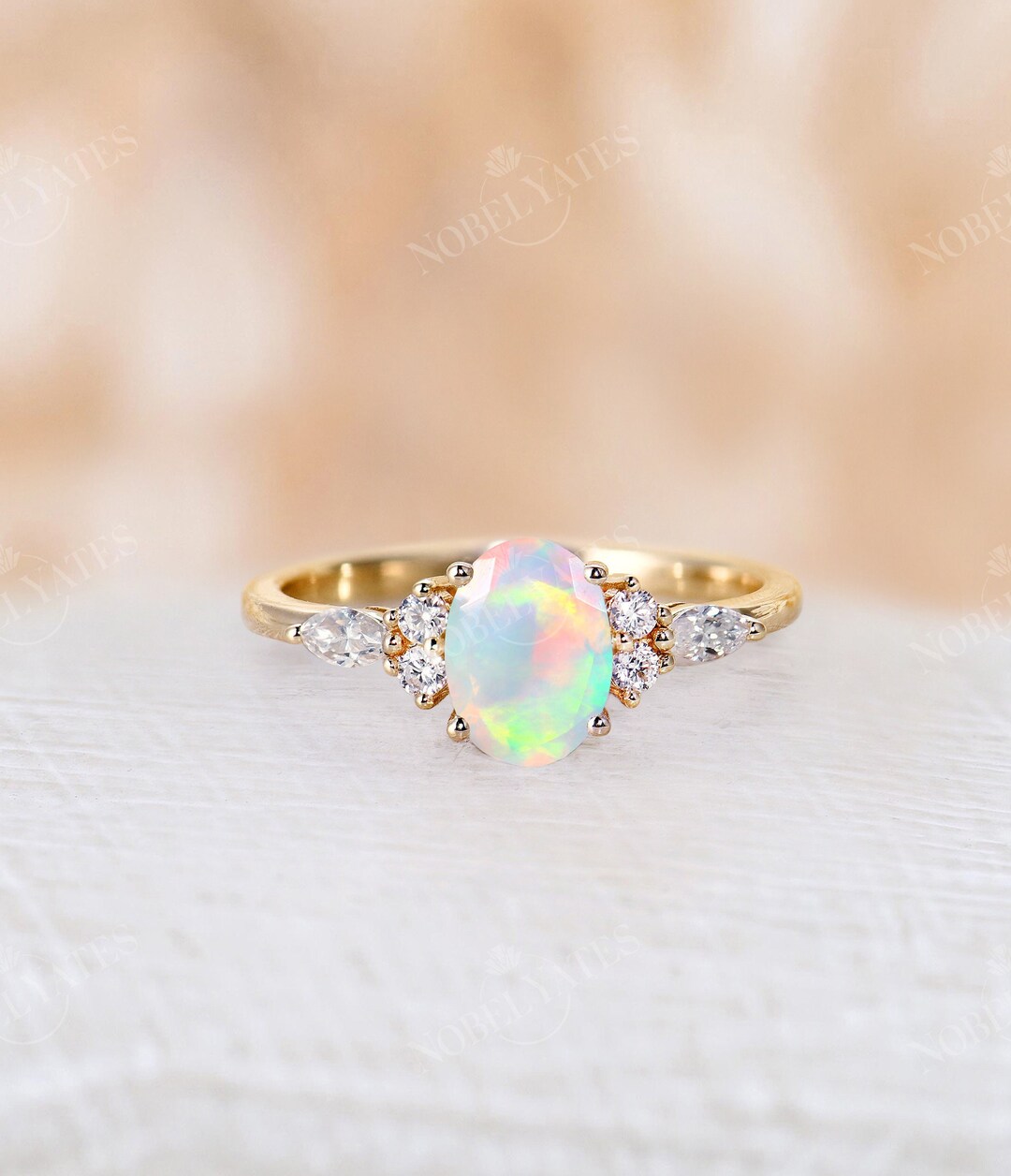Faceted Opal Engagement Ring Vintage Yellow Gold Ring Unique Oval ...