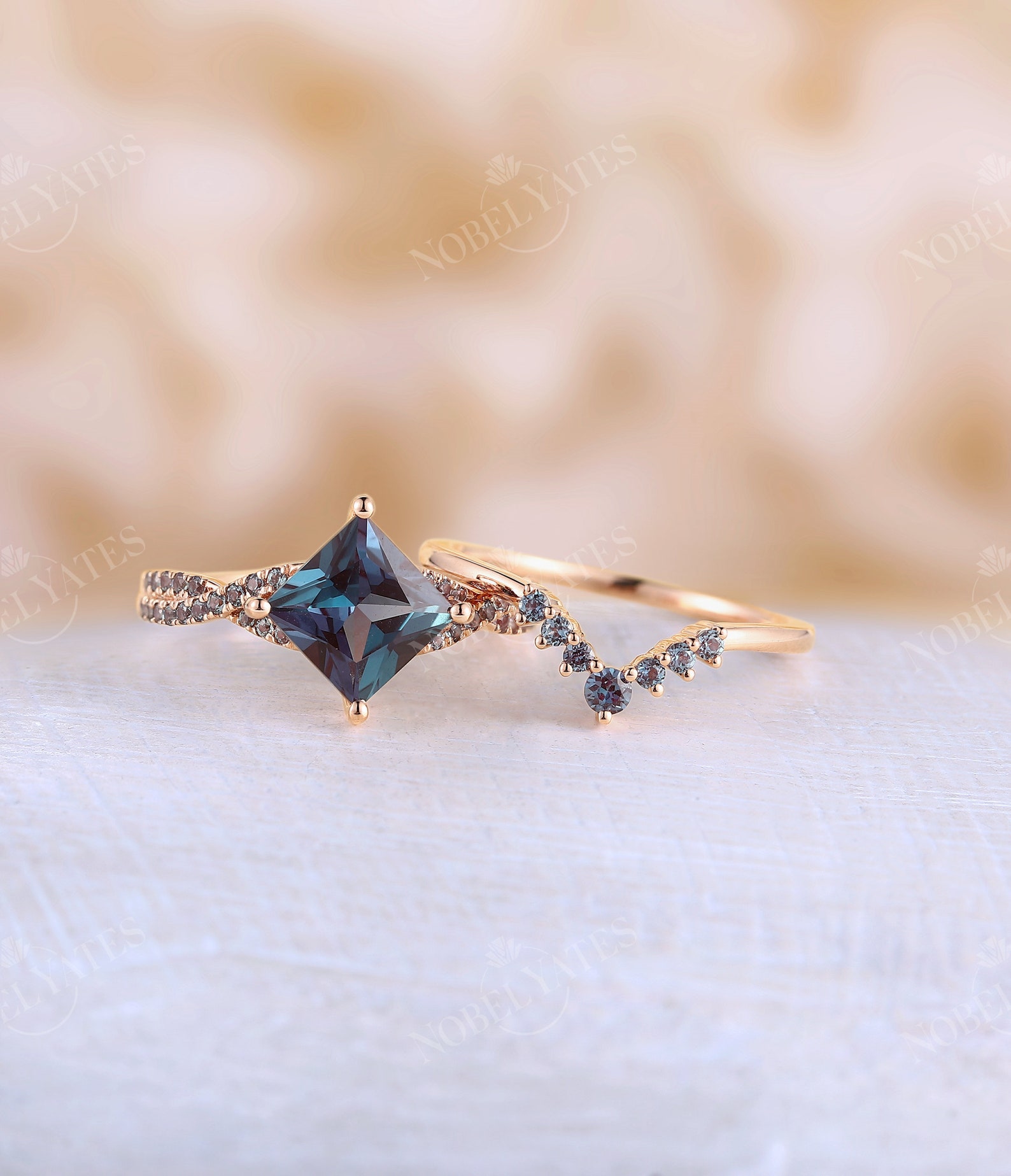 Vintage Lab Alexandrite Engagement Ring Set Princess Cut Art - Etsy