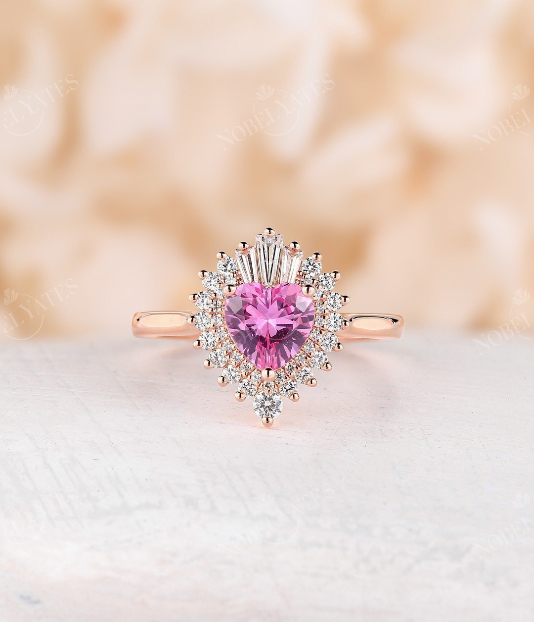 Lab Pink Sapphire Engagement Ring Heart Shape Ring Rose Gold Cluster ...