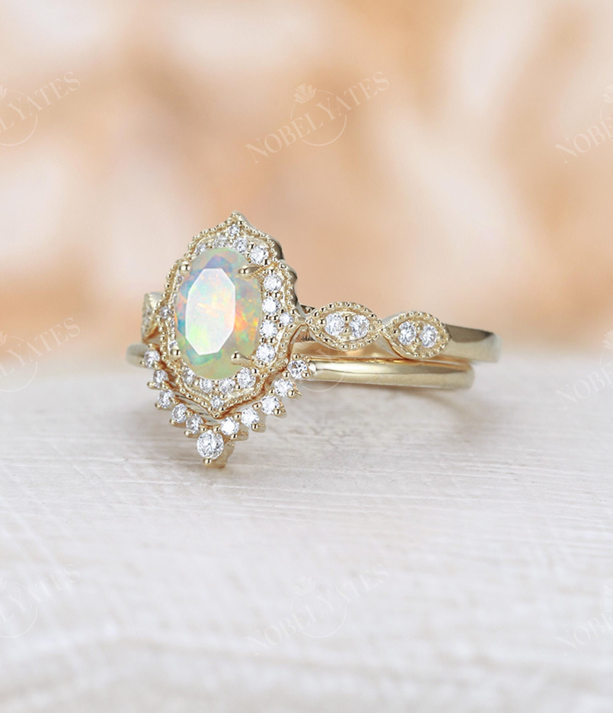 Faceted Opal Engagement Ring Yellow Gold Diamond Halo Ring Vintage Art ...