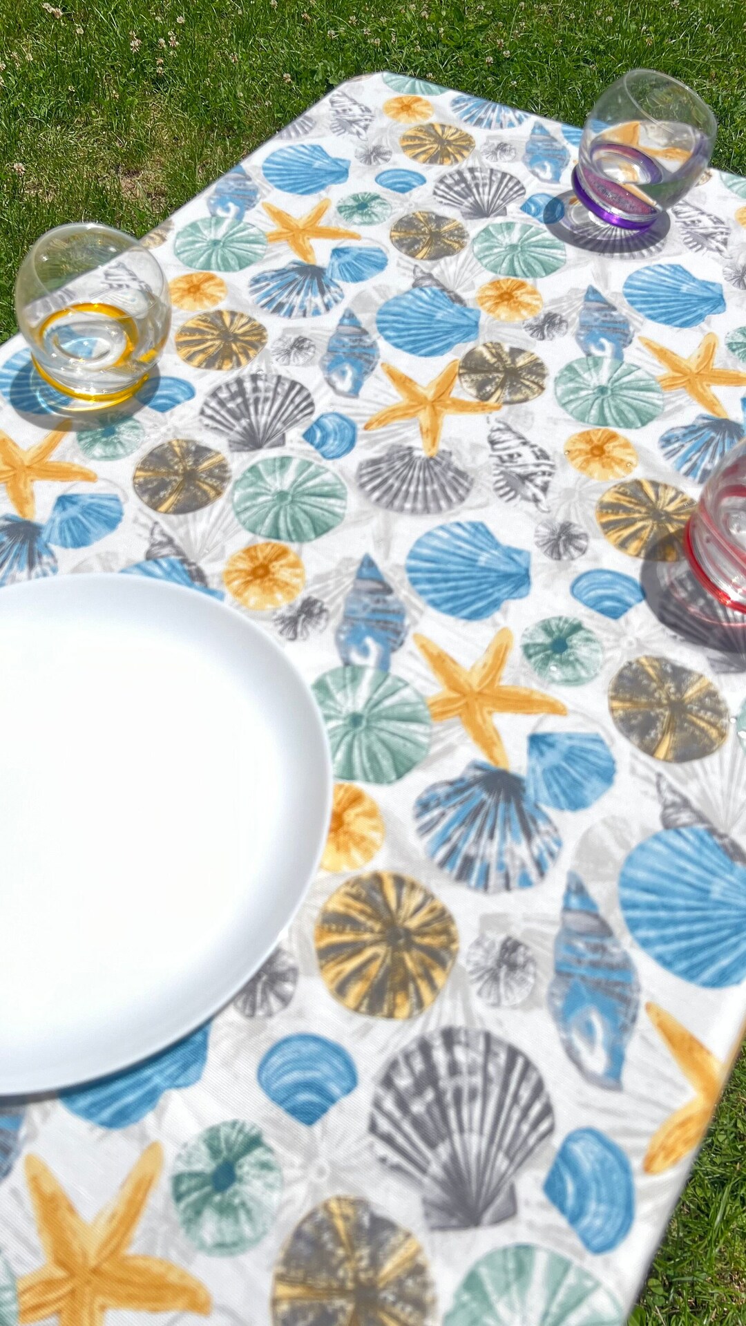 Sea Shells Tablecloth, Marine Waterproof Table Cover, Blue Tablecloth ...