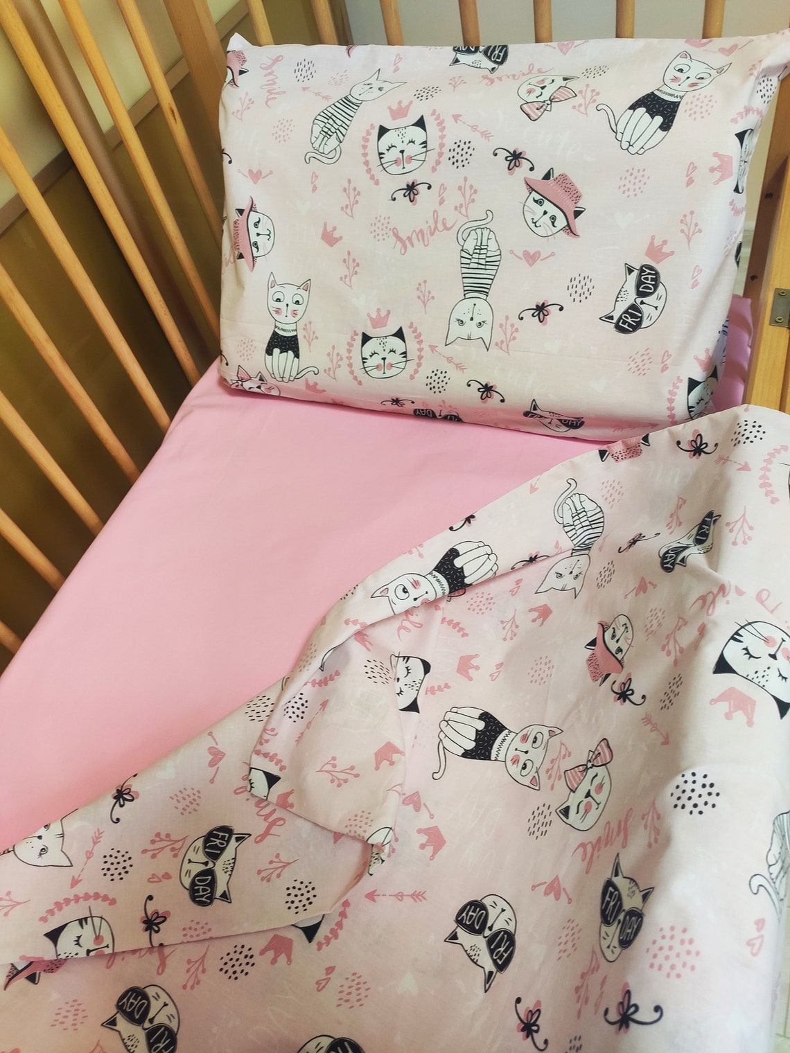 Pink cats crib bedding pink cats cot bed pink cats toddler | Etsy