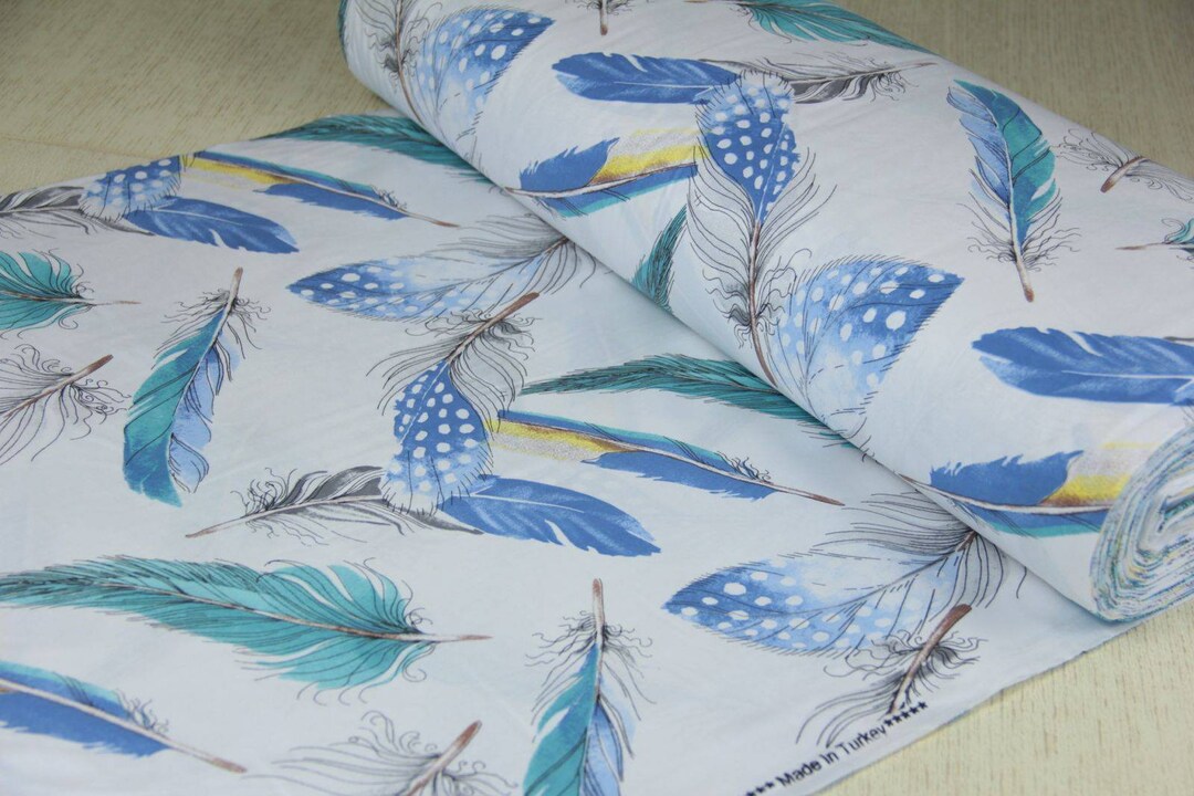 Big Blue Feathers Cotton Fabric, Blue Bird Feathers Cotton Fabric, Big ...