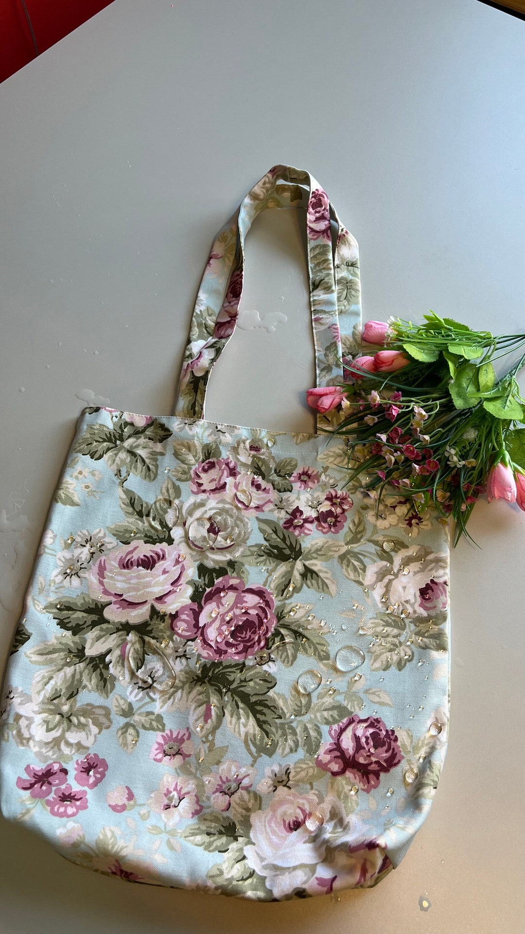 Turquoise Flowers Bag, Big Shopper Blue Bag, Washable Tote Bag ...