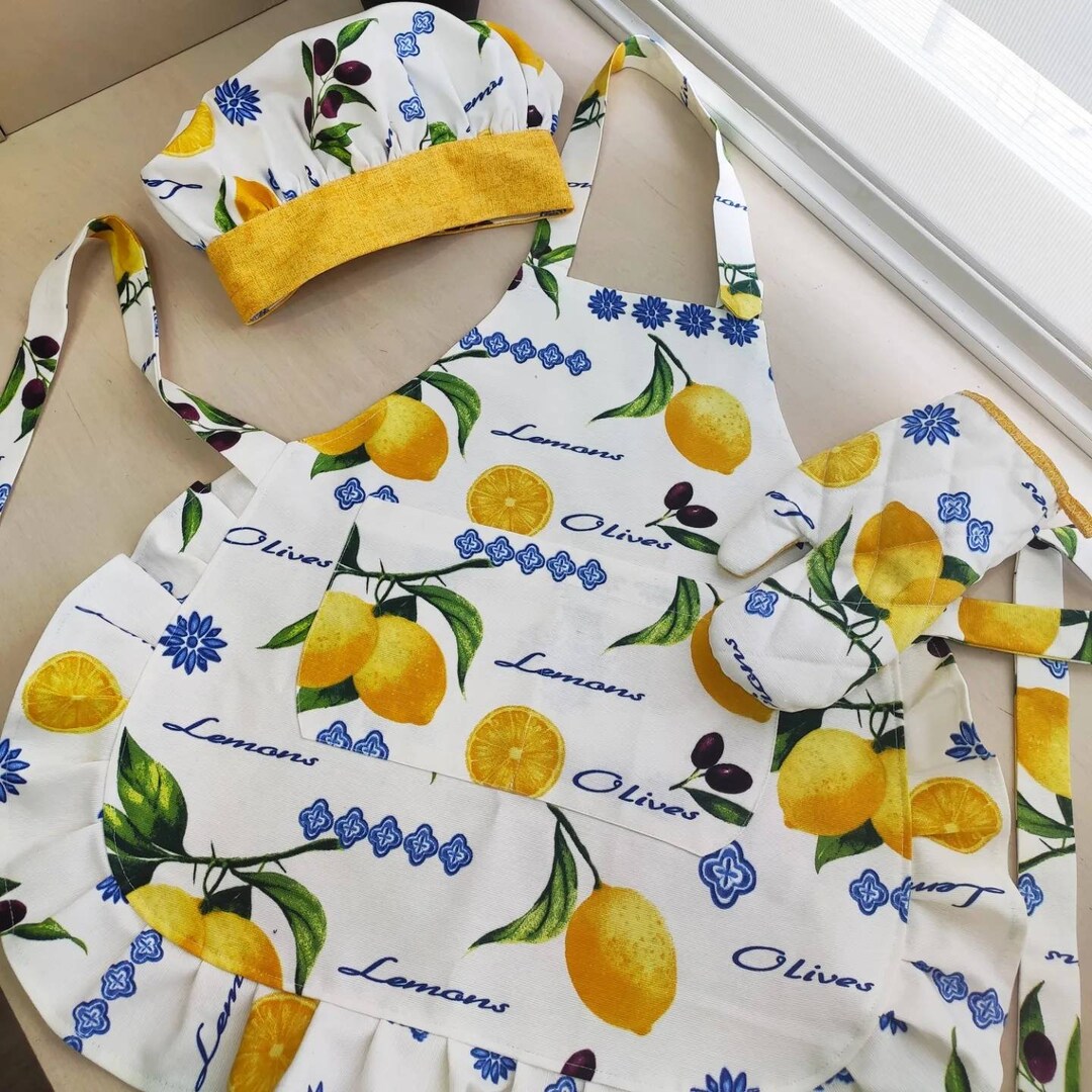 Girls Apron Chef Hat Oven Mitt Set, Kitchen Apron Girls, Lemon Apron ...