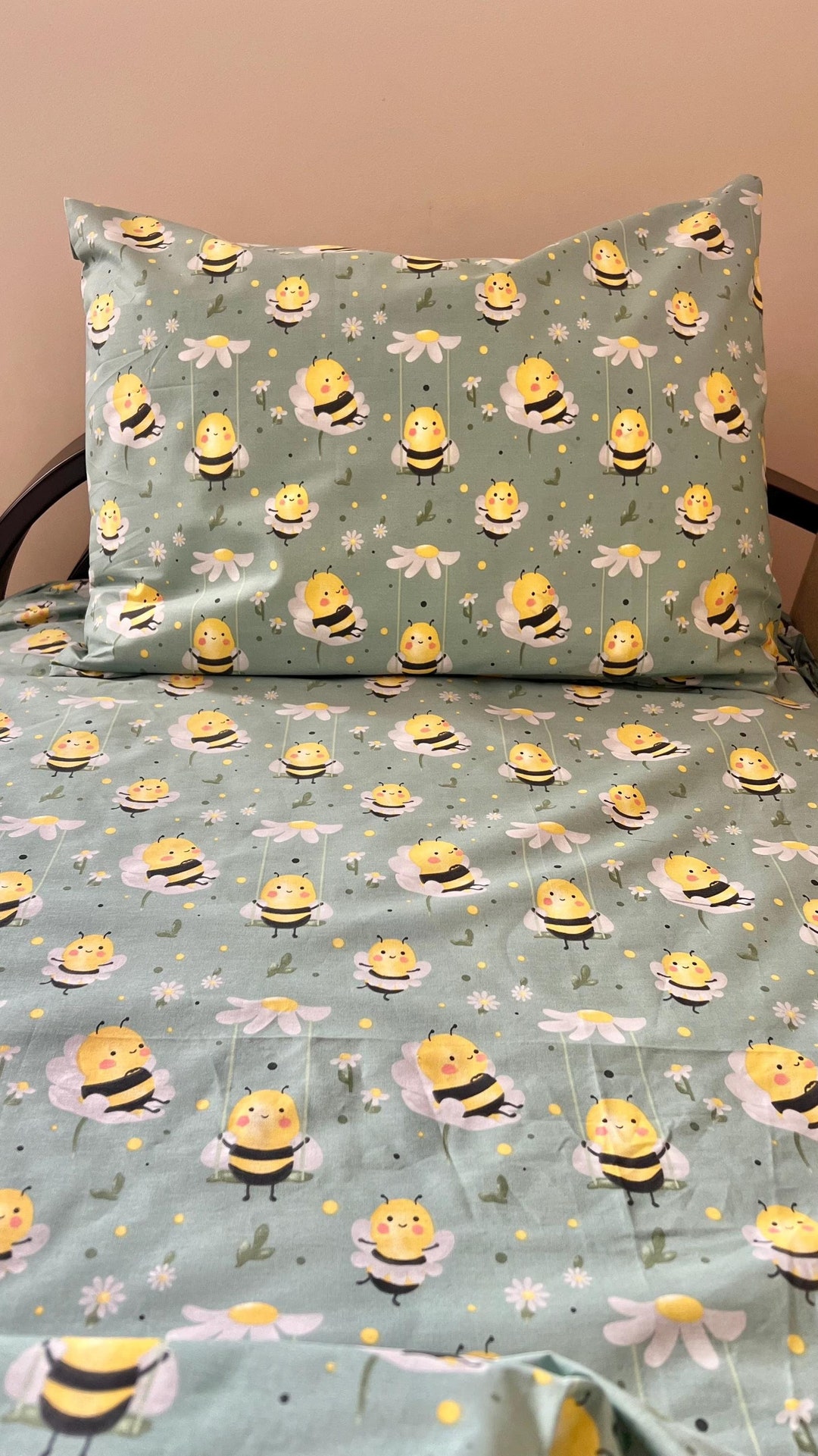 Green Bees Cotton Pillowcase, Green Bees Cot Bed Set, Green Bees Kids ...