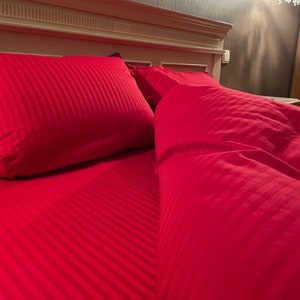 Red Stripe Satin Bedding Sets, Red Stripe Satin Sheets, Red Stripe ...